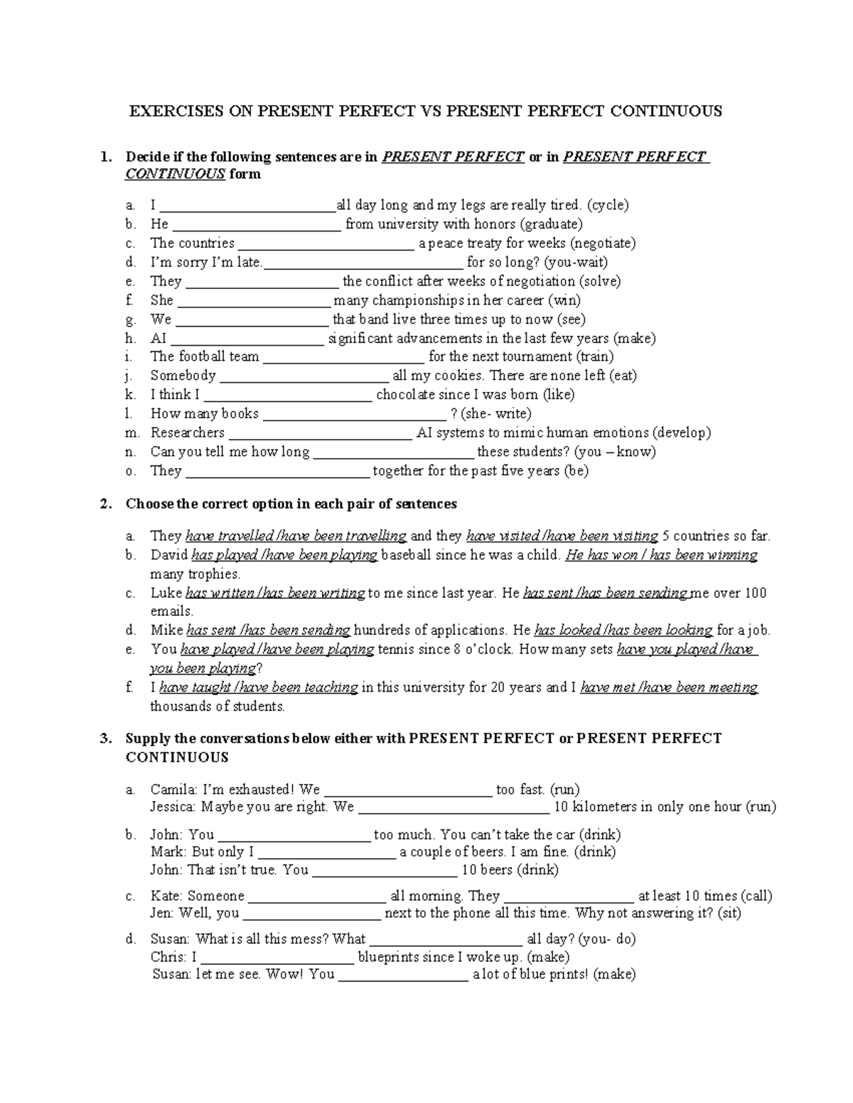 Exercises on Present Perfect vs Present Perfect Continuous - Grammar ...
