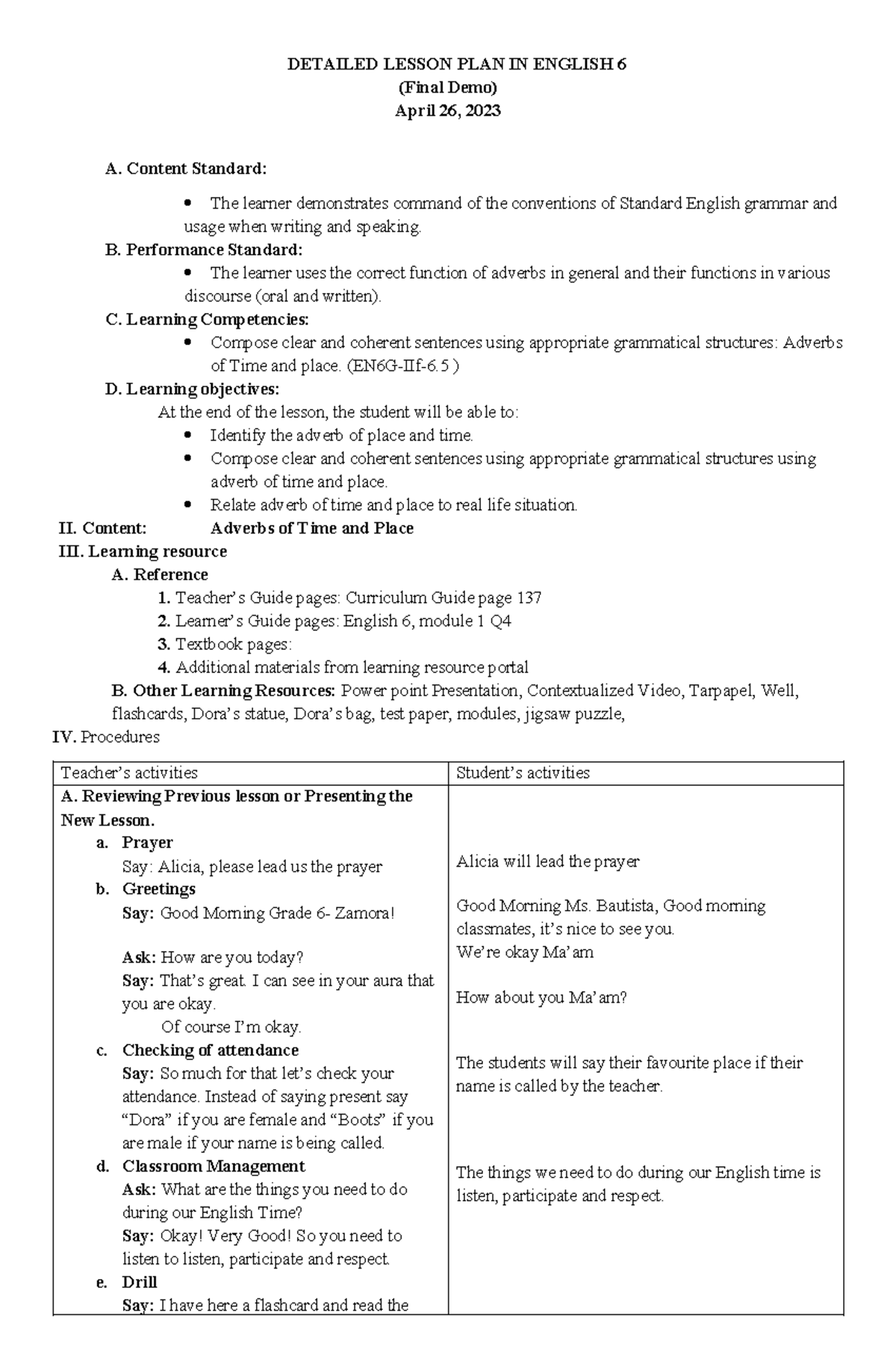 Detailed Lesson Plan in English 6 (Final Demo) on Adverbs - Studocu