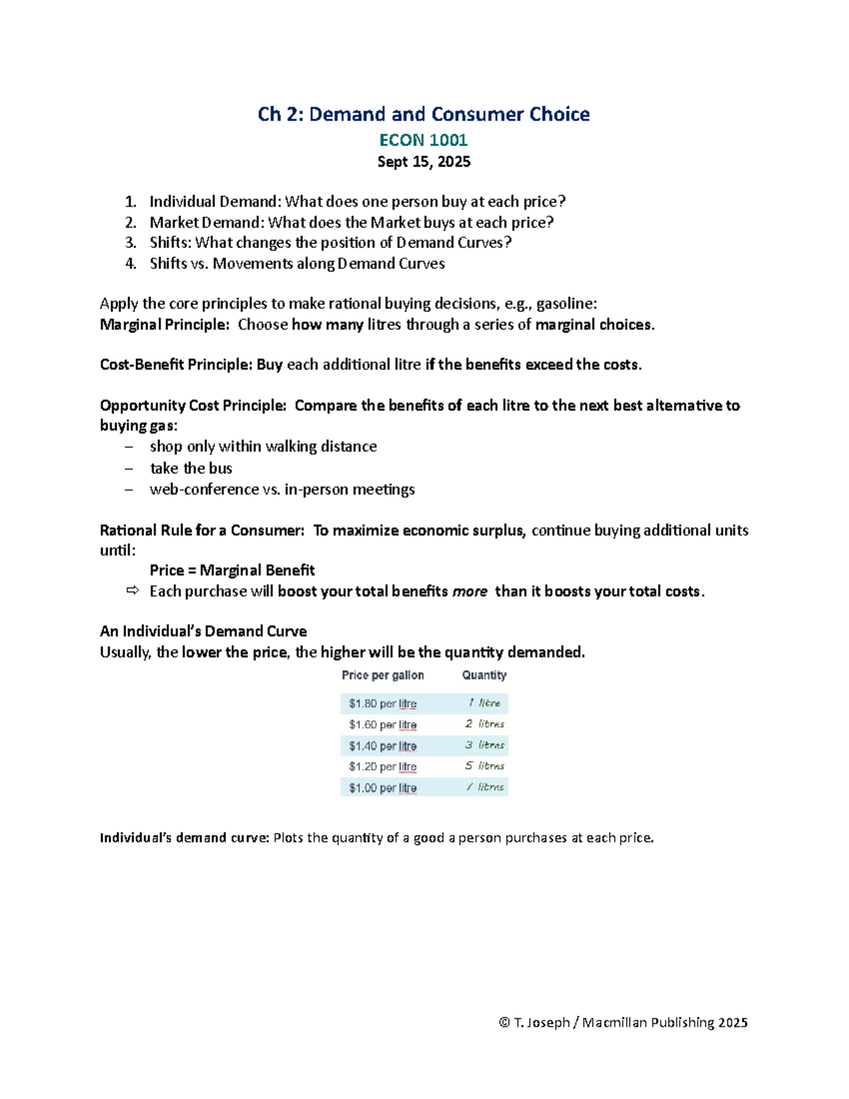 ECON 1001: Ch 2 - Demand and Consumer Choice Notes - Studocu