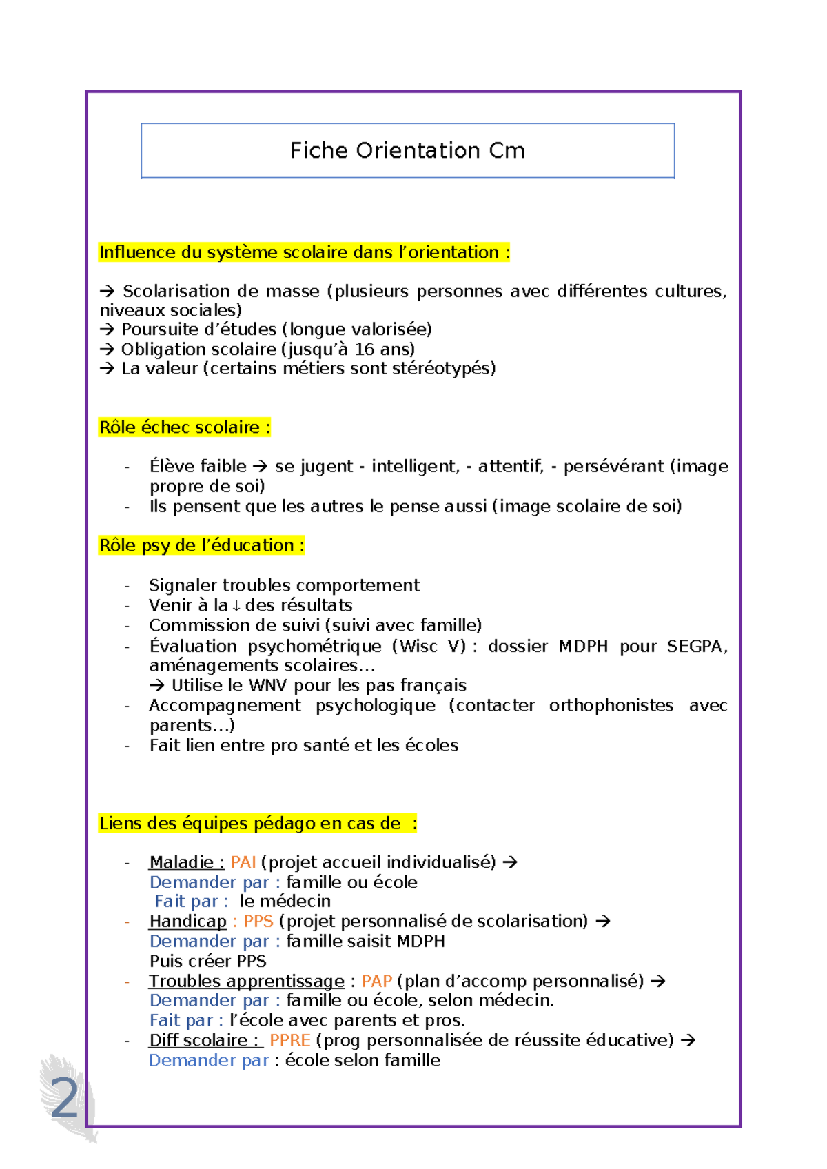 Fiche de Révision : Orientation Scolaire et Psychologique (CM) - Studocu