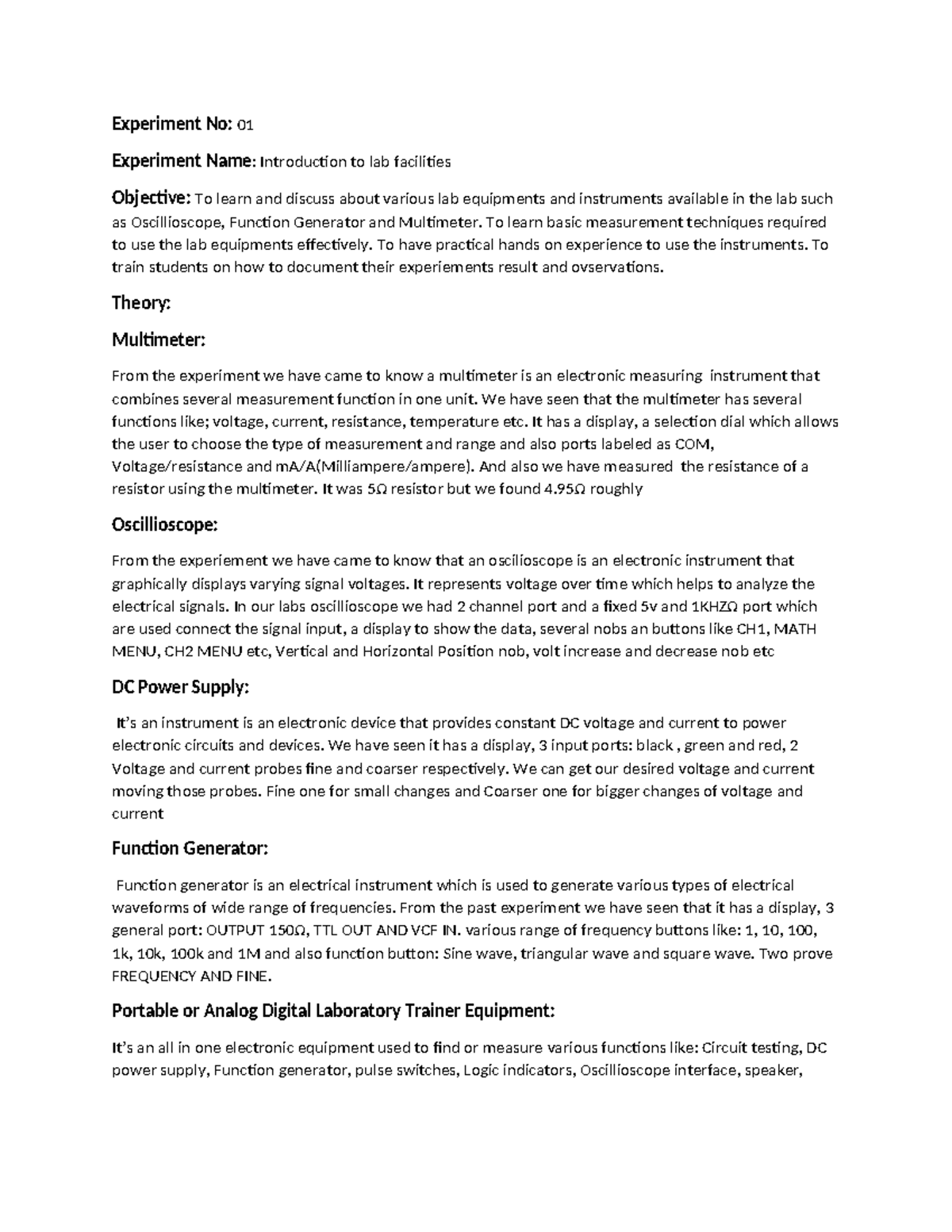 Experiment No 01: EEE LAB - Introduction to Lab Equipment - Studocu