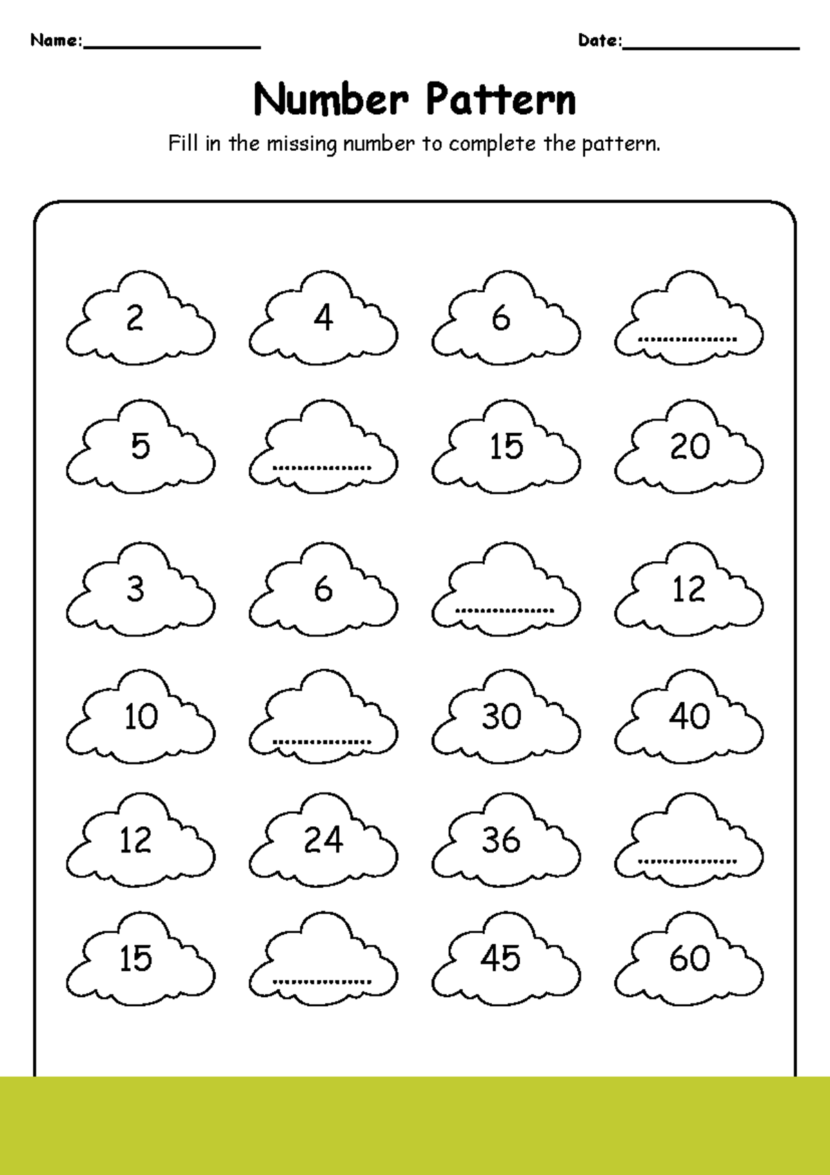 Number Patterns with Clouds - 4th Grade Worksheet - Name: Date: Number ...