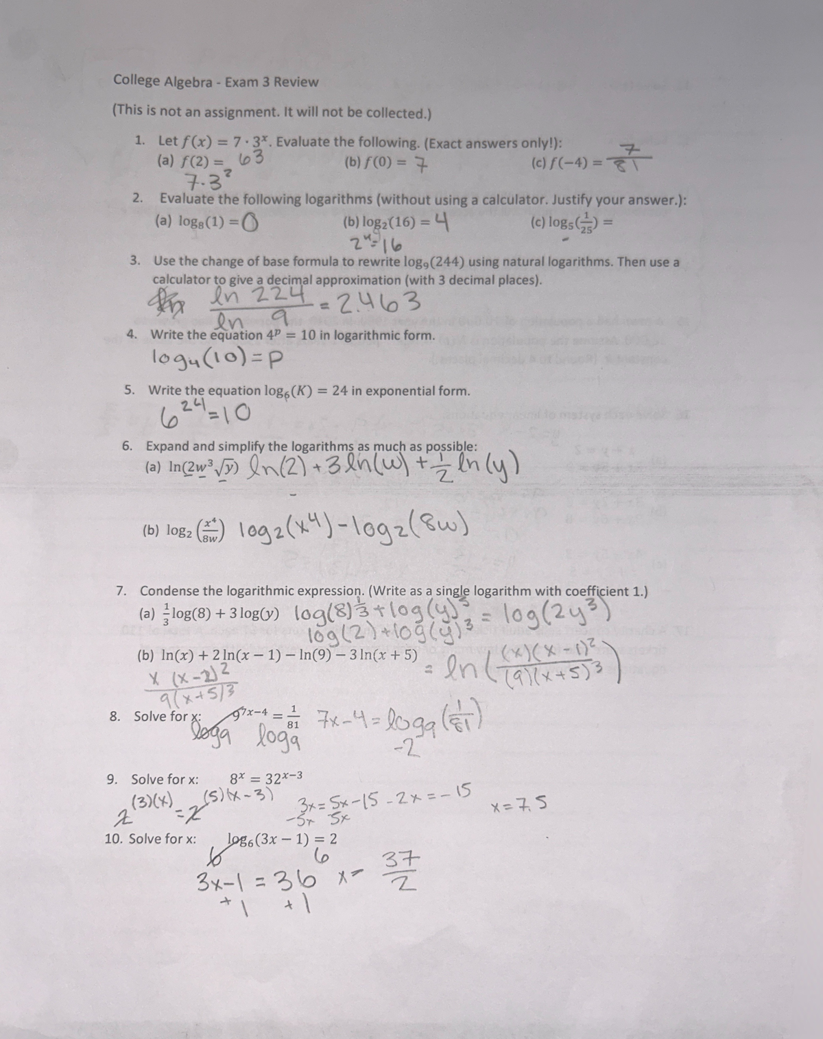 Midterm Exam Review Notes for Course XYZ 101 - College Algebra Exam 3 ...