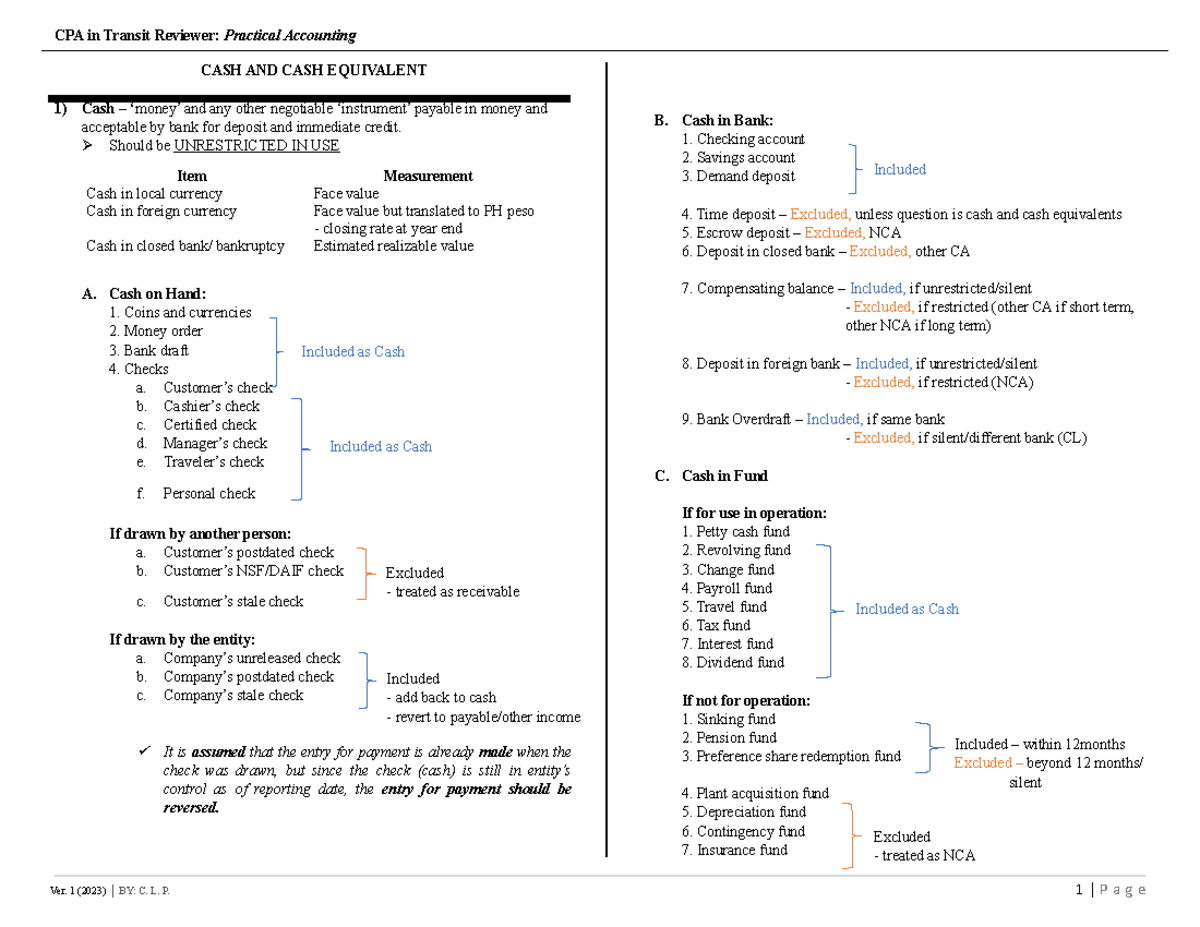Cash and Cash Equivalents Overview for CPA in Transit Reviewer - Studocu