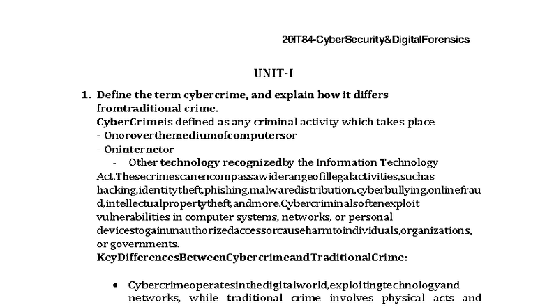 UNIT-I Cybercrime: Definitions, Categories, and Security Measures - Studocu