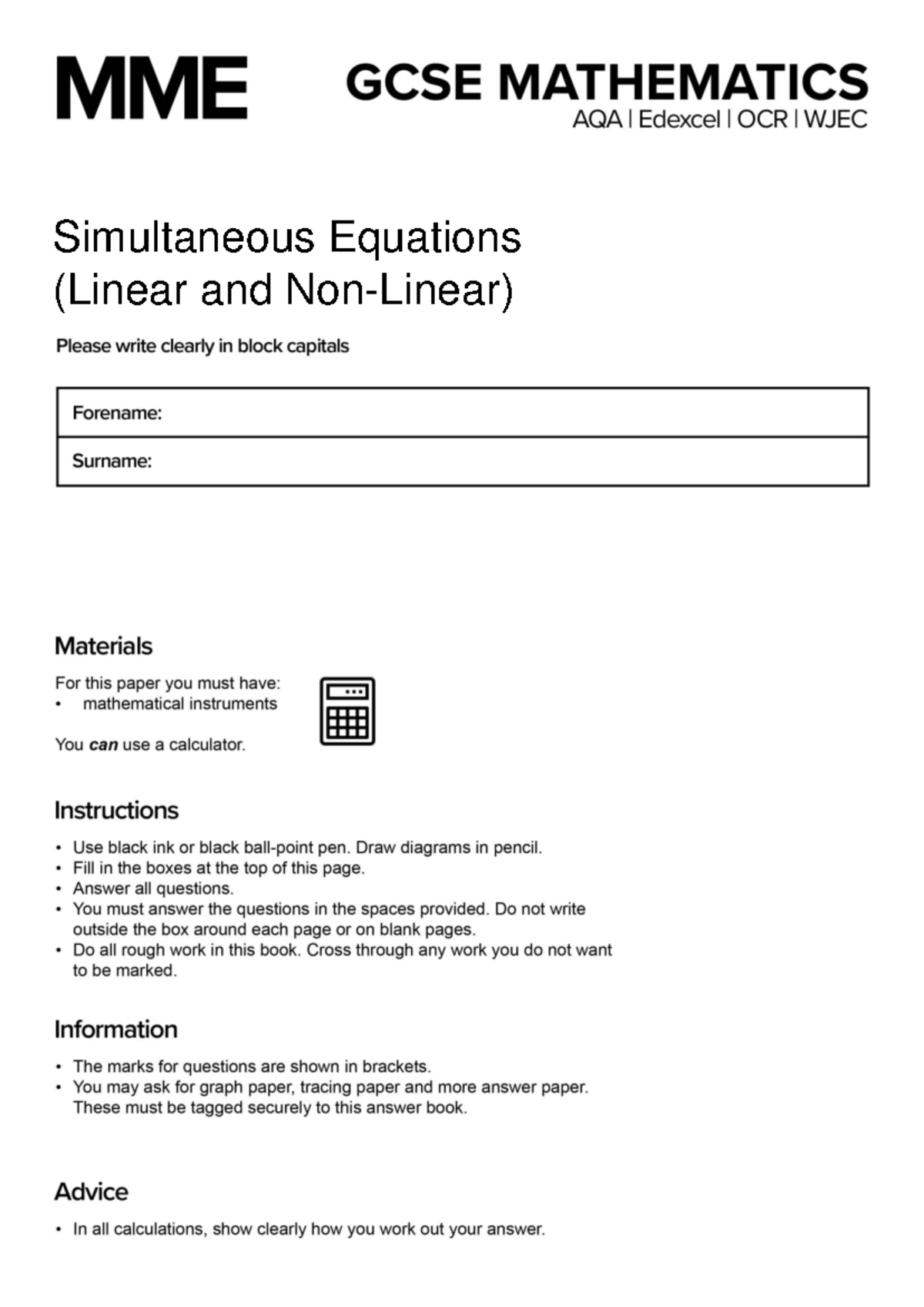 Simultaneous Equations: Linear & Non-Linear Questions (Math 101) - Studocu