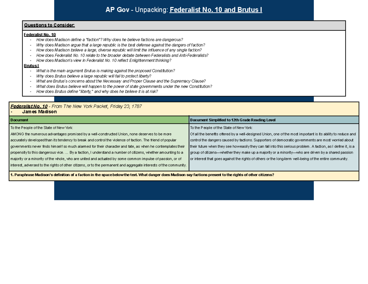 AP Gov: Analyzing Federalist No. 10 and Brutus I Perspectives - Studocu