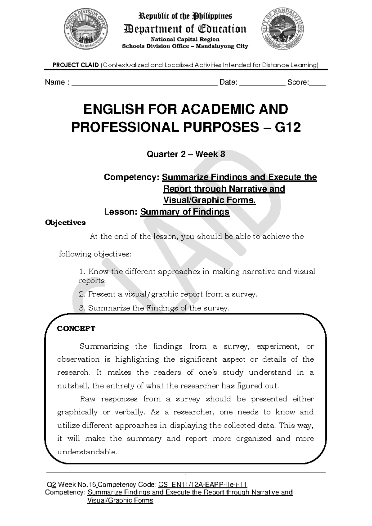 EAPP G12 Q2 Module 8: Summarizing Findings & Reporting Techniques - Studocu