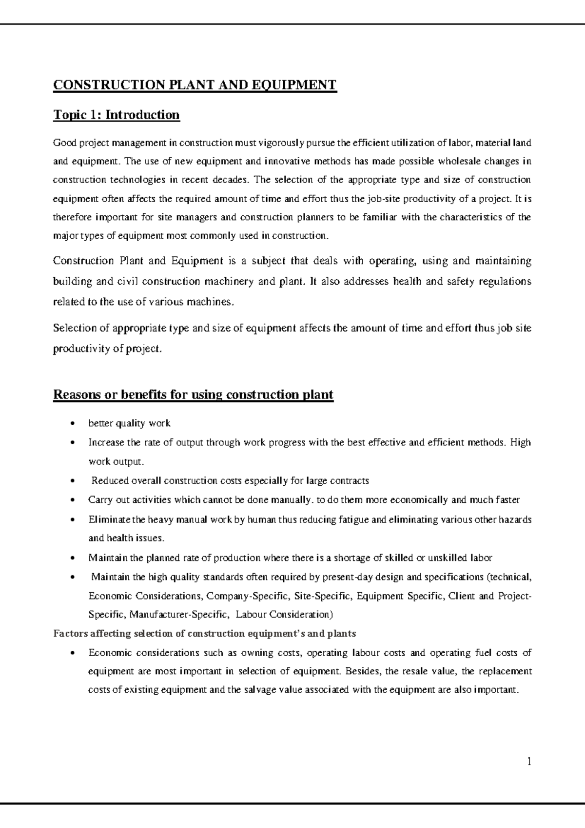 Construction Plant & Equipment Notes: Efficient Machinery Usage - Studocu