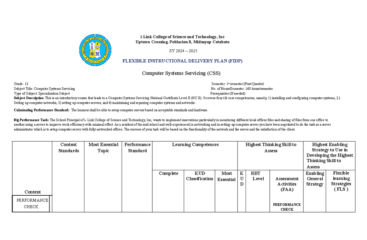 FIDP CSS 12 - Computer Systems Servicing NCII Learning Plan - Studocu
