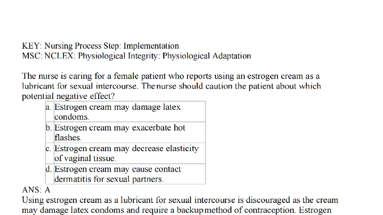 Nursing Process Implementation: Estrogen Cream Precautions ...