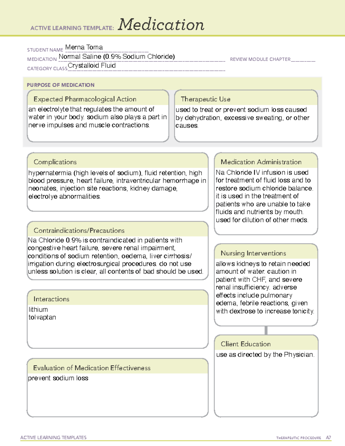Active Learning Template: Normal Saline Medication Overview - Studocu