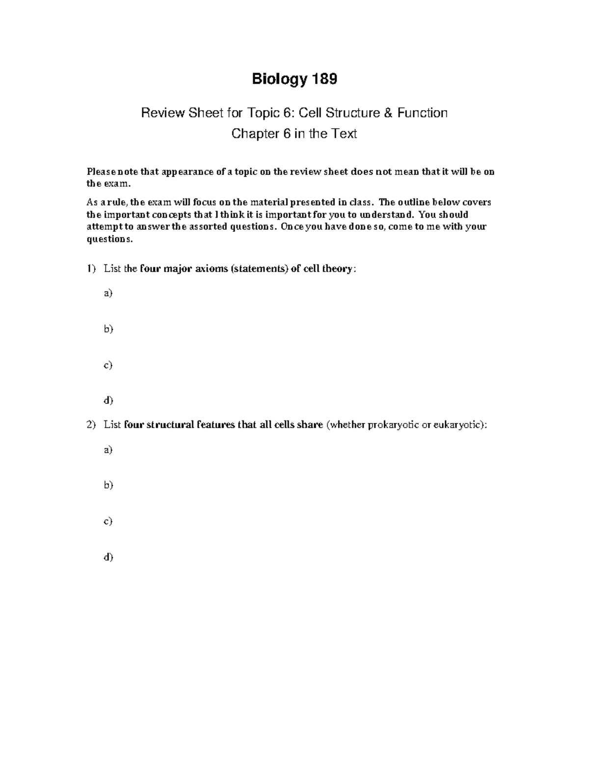 Study Guide Chapter 6 - Review Sheet for Topic 6: Cell Structure ...
