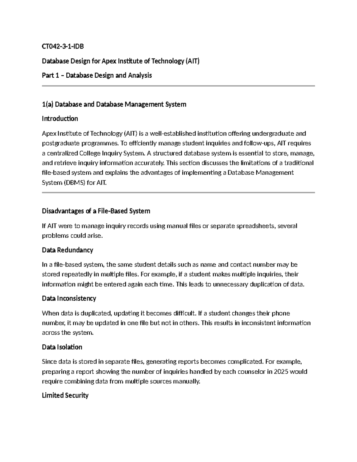 Database Design and Analysis for AIT: Inquiry Management System - Studocu