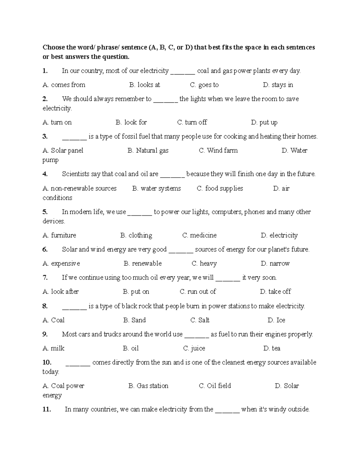 Lớp 7 Unit 10 - Bài Tập Điền Từ và Chọn Câu Đúng - Studocu