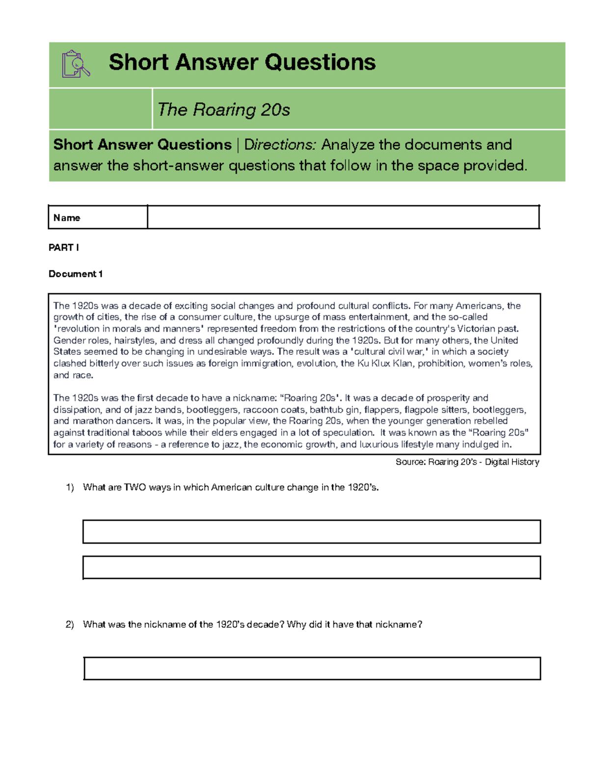 Short Answers 1920's A Decade of Change - Short Answer Questions The Roaring 20s Short Answer ...