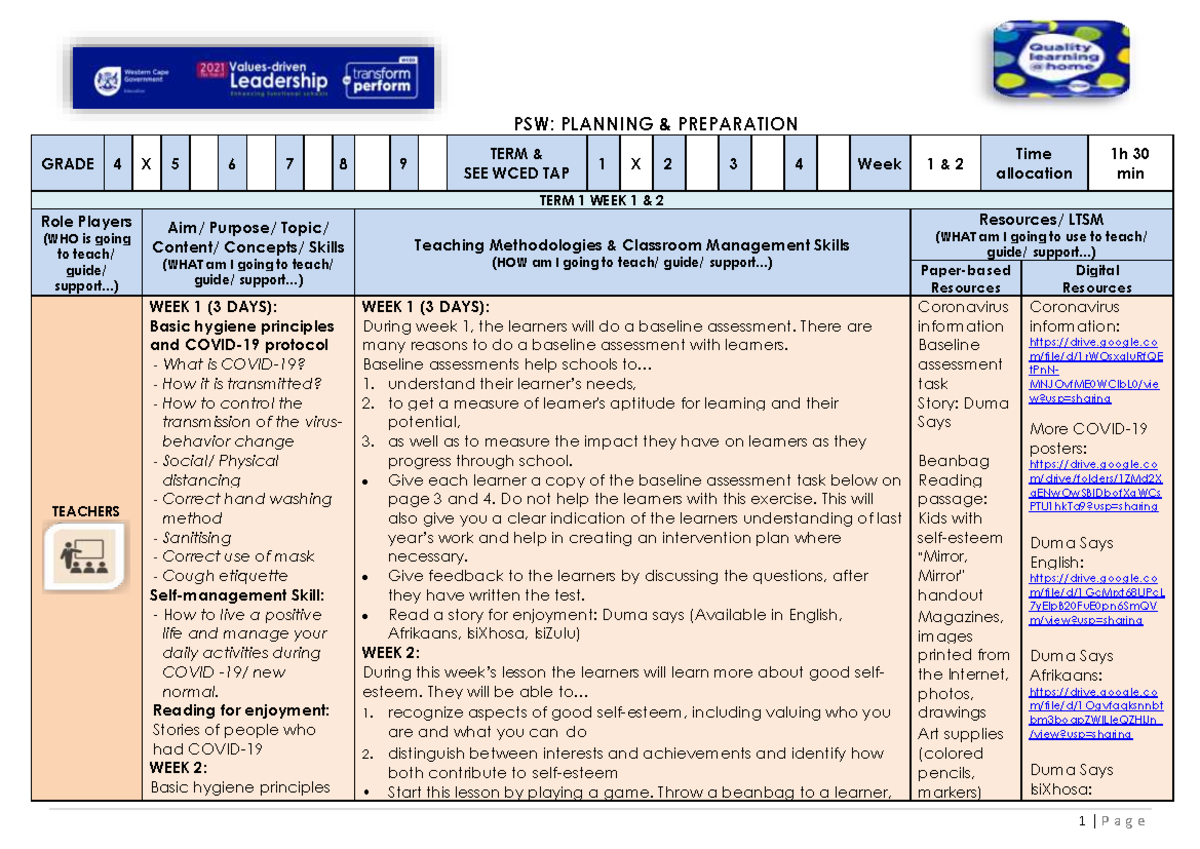 Lesson Plan Gr. 4 Life Skills PSW Term 1: Weeks 1 & 2 Overview - Studocu