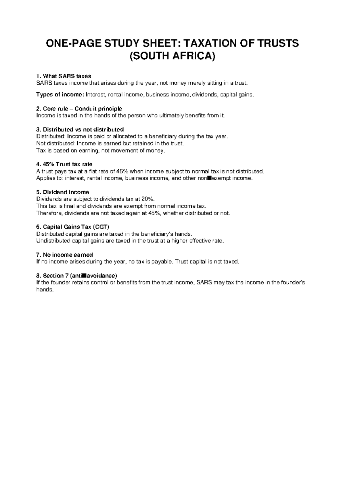 SA Trust Taxation Study Sheet: Key Concepts & Rules - Studocu
