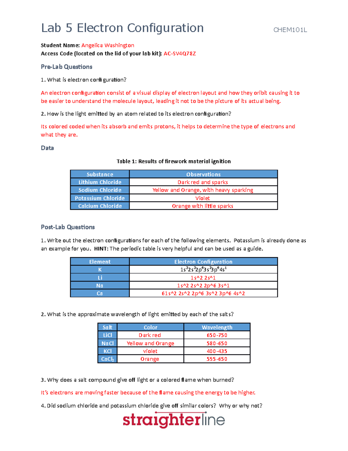 CHEM101L Lab 5 - Electron Configuration and Flame Tests Insights - Studocu