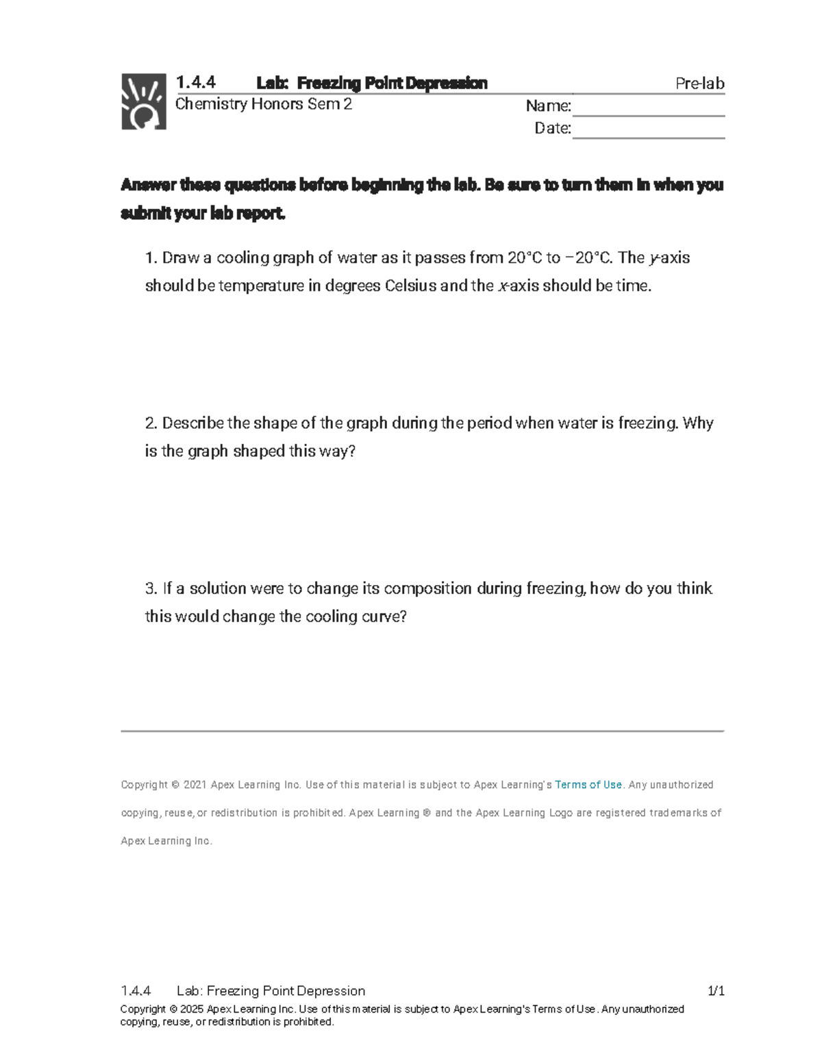 1.4.4 Lab: Freezing Point Depression (Pre-lab) Chemistry Honors Sem 2 ...