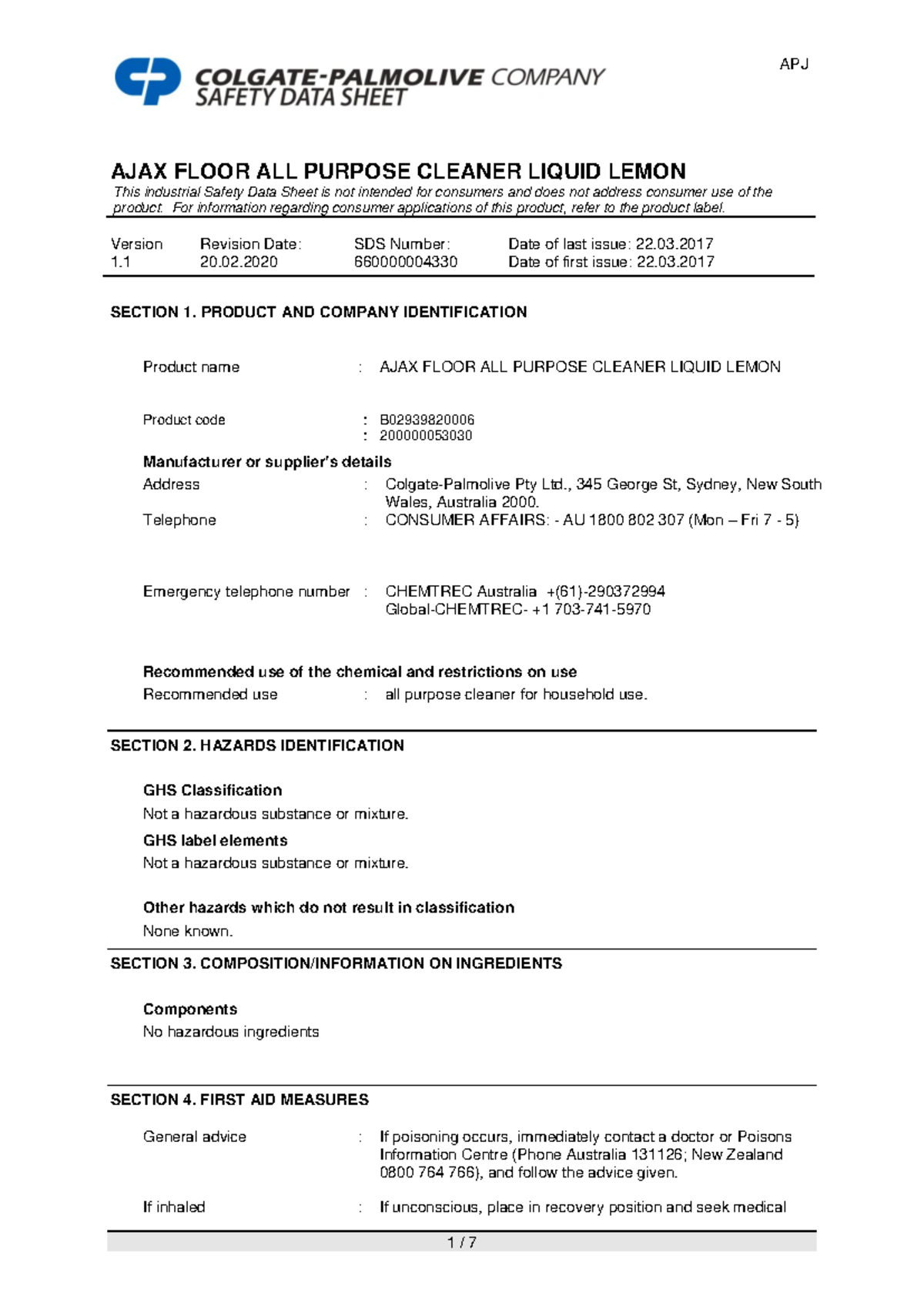 SDS for AJAX Floor All Purpose Cleaner - Version 1, 660000004330 - Studocu