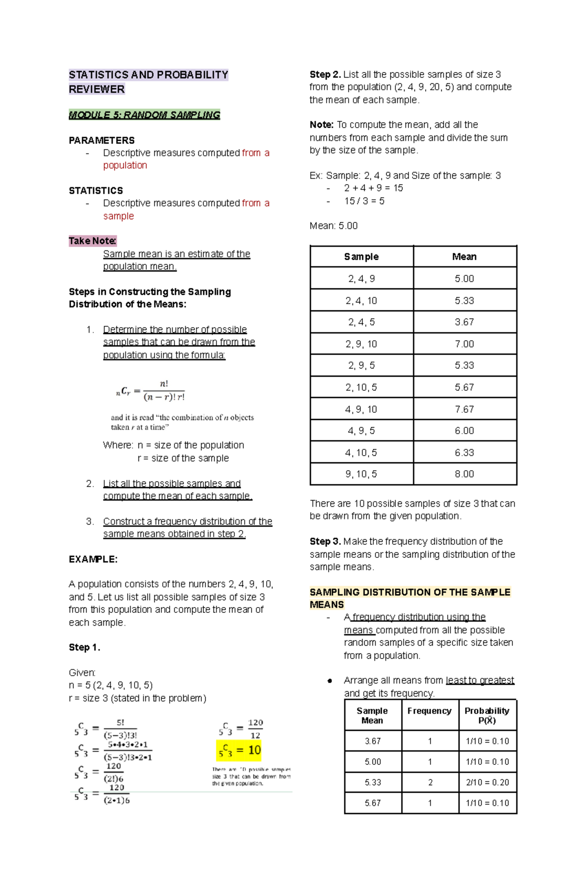 Stats-PROB Finals-Reviewer - STATISTICS AND PROBABILITY REVIEWER MODULE 5: RANDOM SAMPLING - Studocu