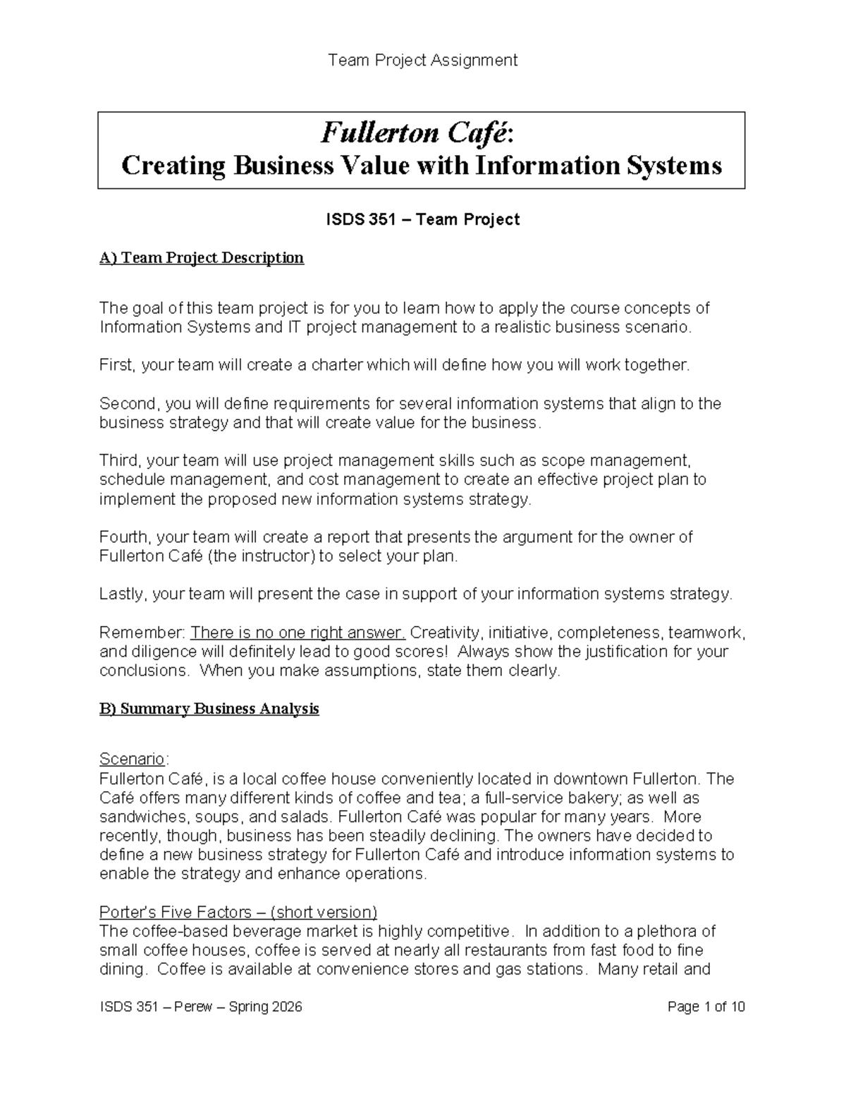 ISDS 351 Team Project: Business Value Strategy for Fullerton Café - Studocu