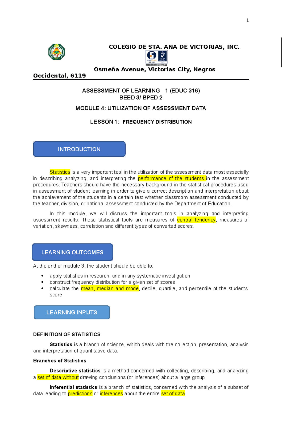 EDUC 316 Module 4 Lesson 1: Understanding Frequency Distribution - Studocu