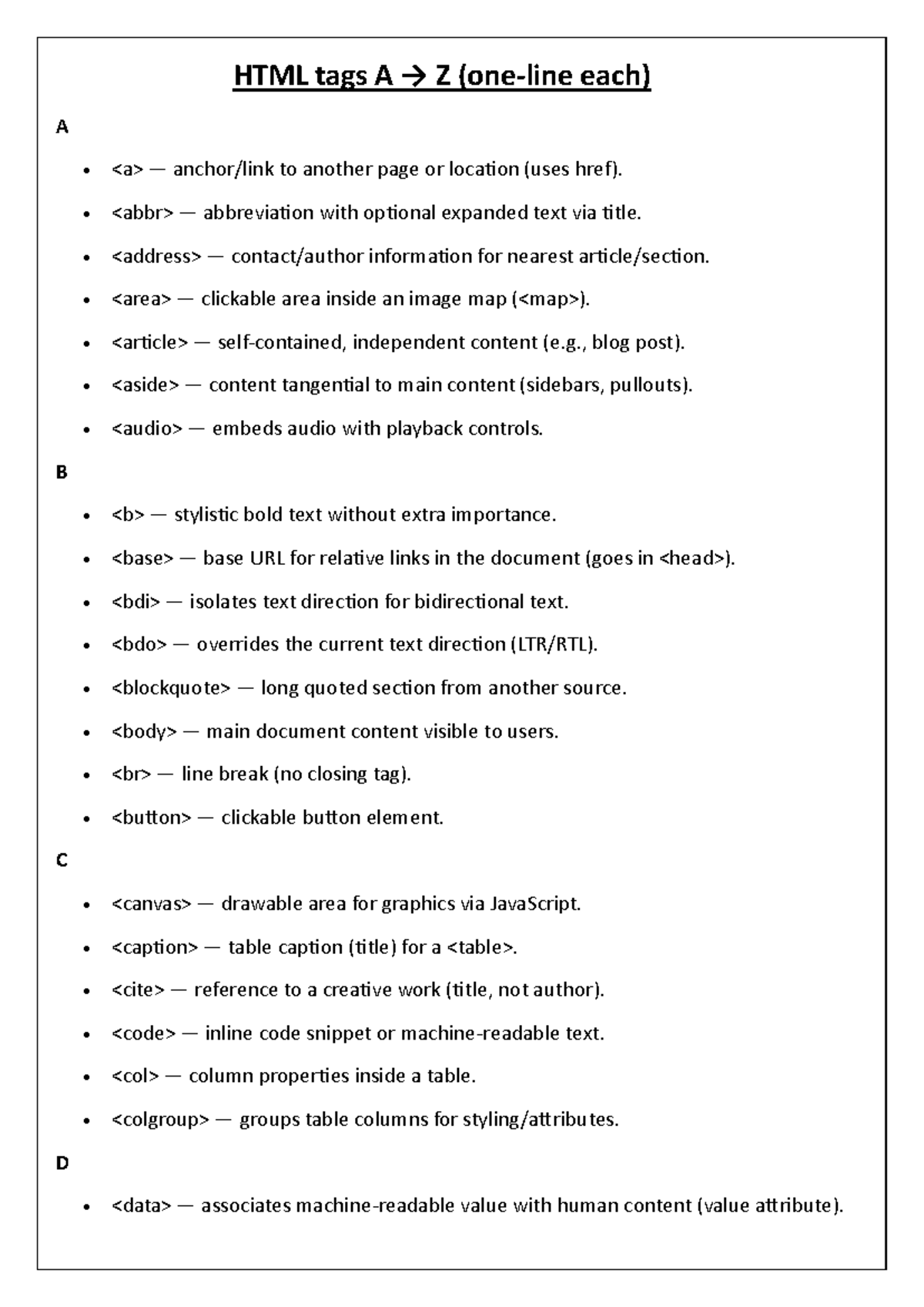 HTML Tags A to Z: Comprehensive Guide on HTML Elements - Studocu