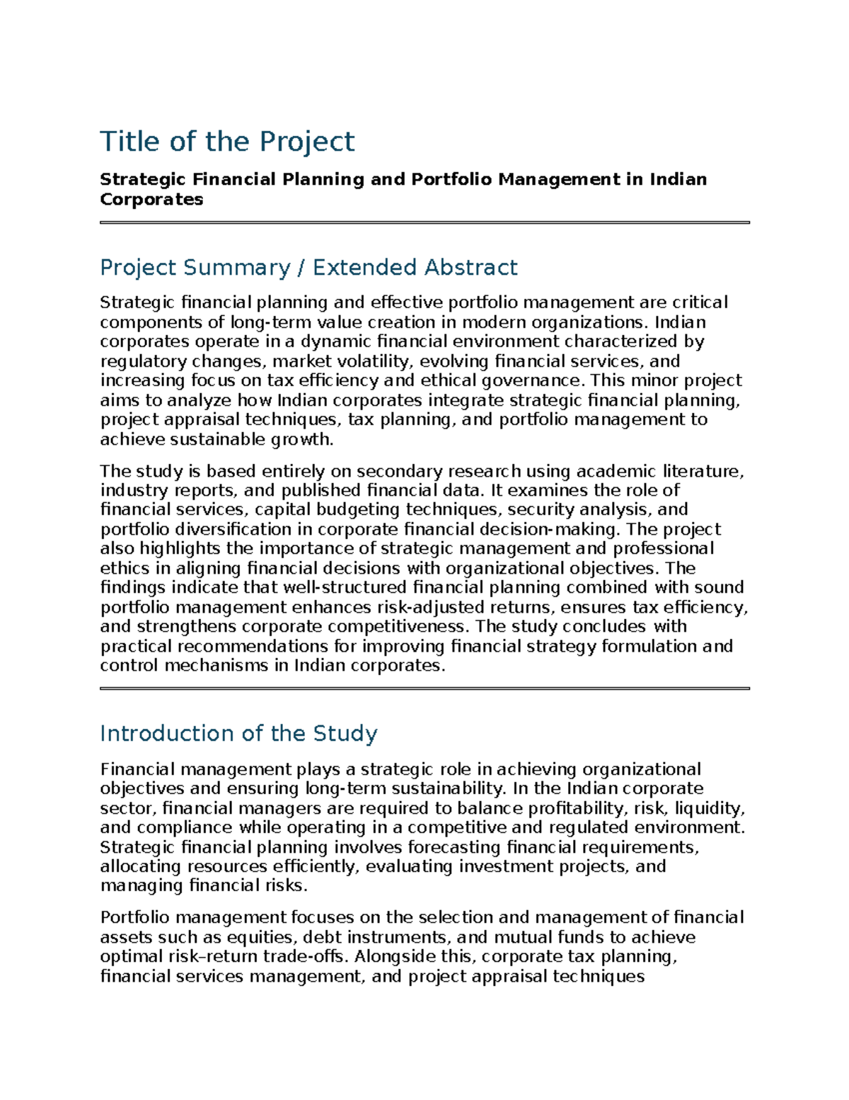 MBA Minor Project – Strategic Financial Planning & Portfolio Management ...