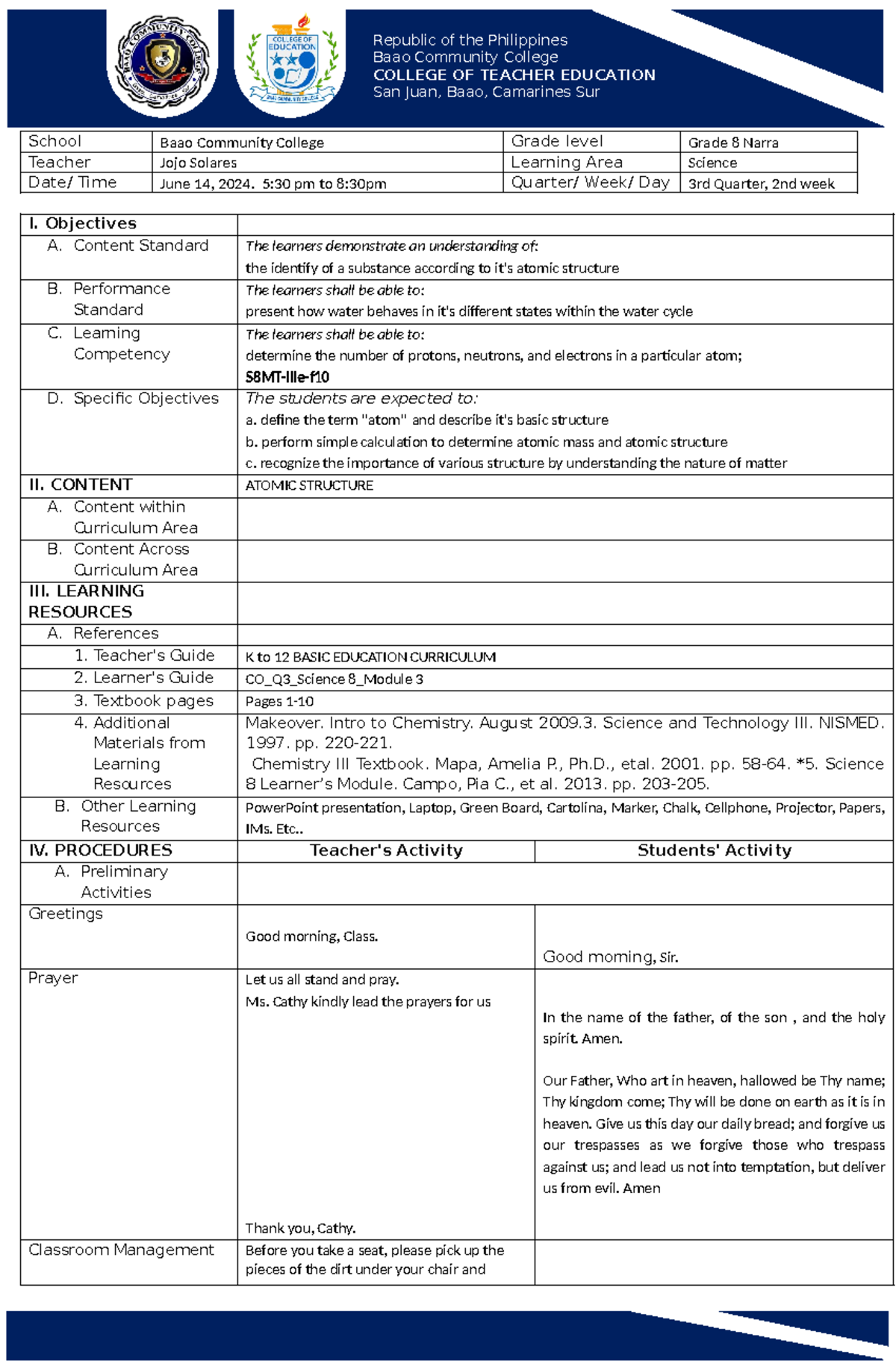 Detailed Lesson Plan: Atomic Structure in Science 8 (S8MT-llle-f) - Studocu