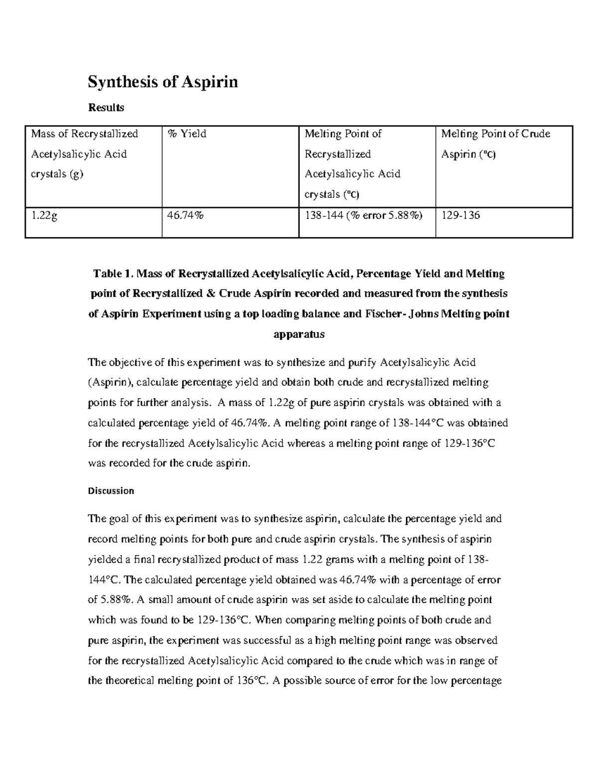 Synthesis of Aspirin Experiment: Results & Discussion (Chem 101) - Studocu