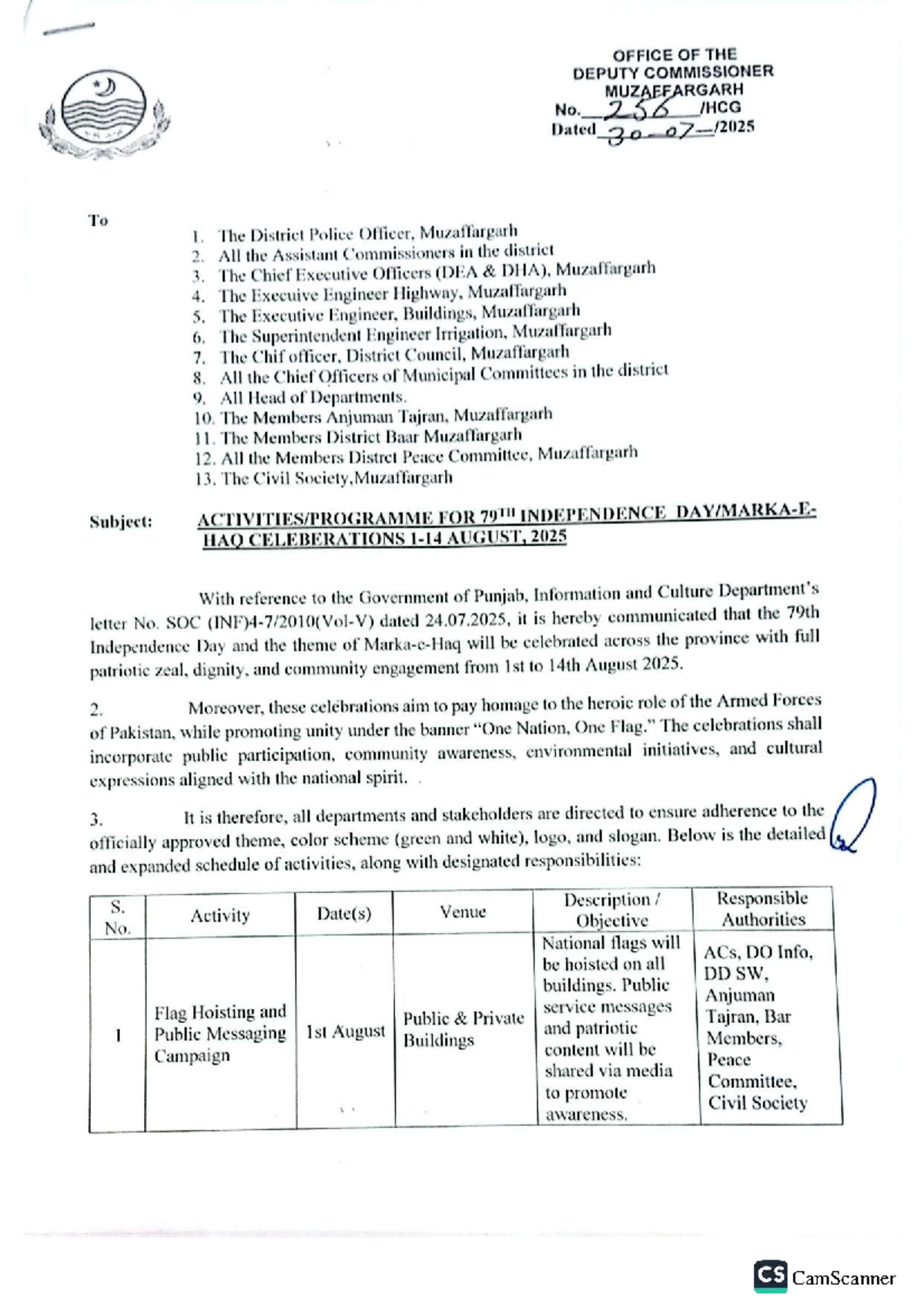 79th Independence Day Celebrations - Muzaffargarh Activities Schedule ...