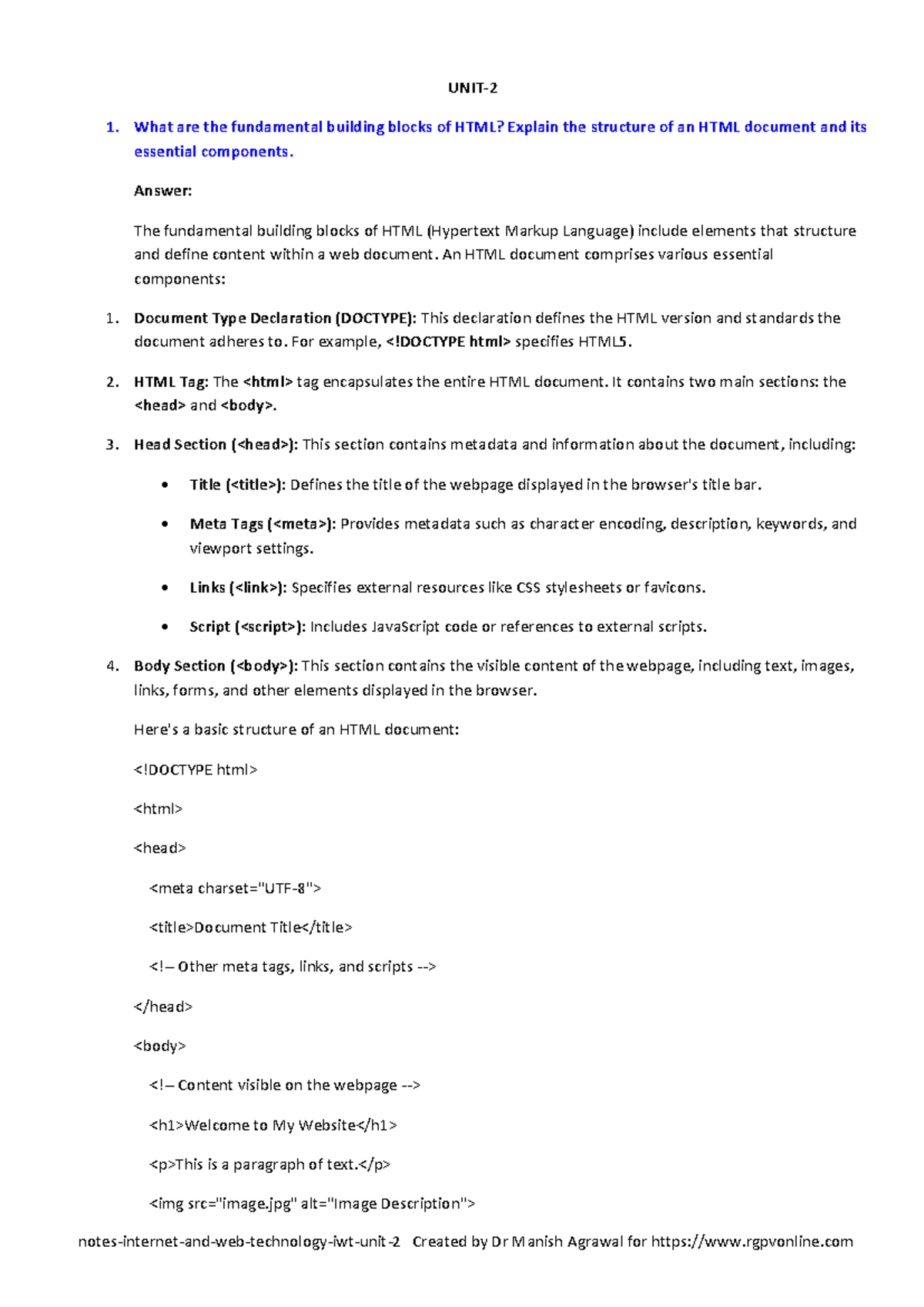 **Unit 2 Notes on Internet & Web Technology (IWT) - HTML Fundamentals ...
