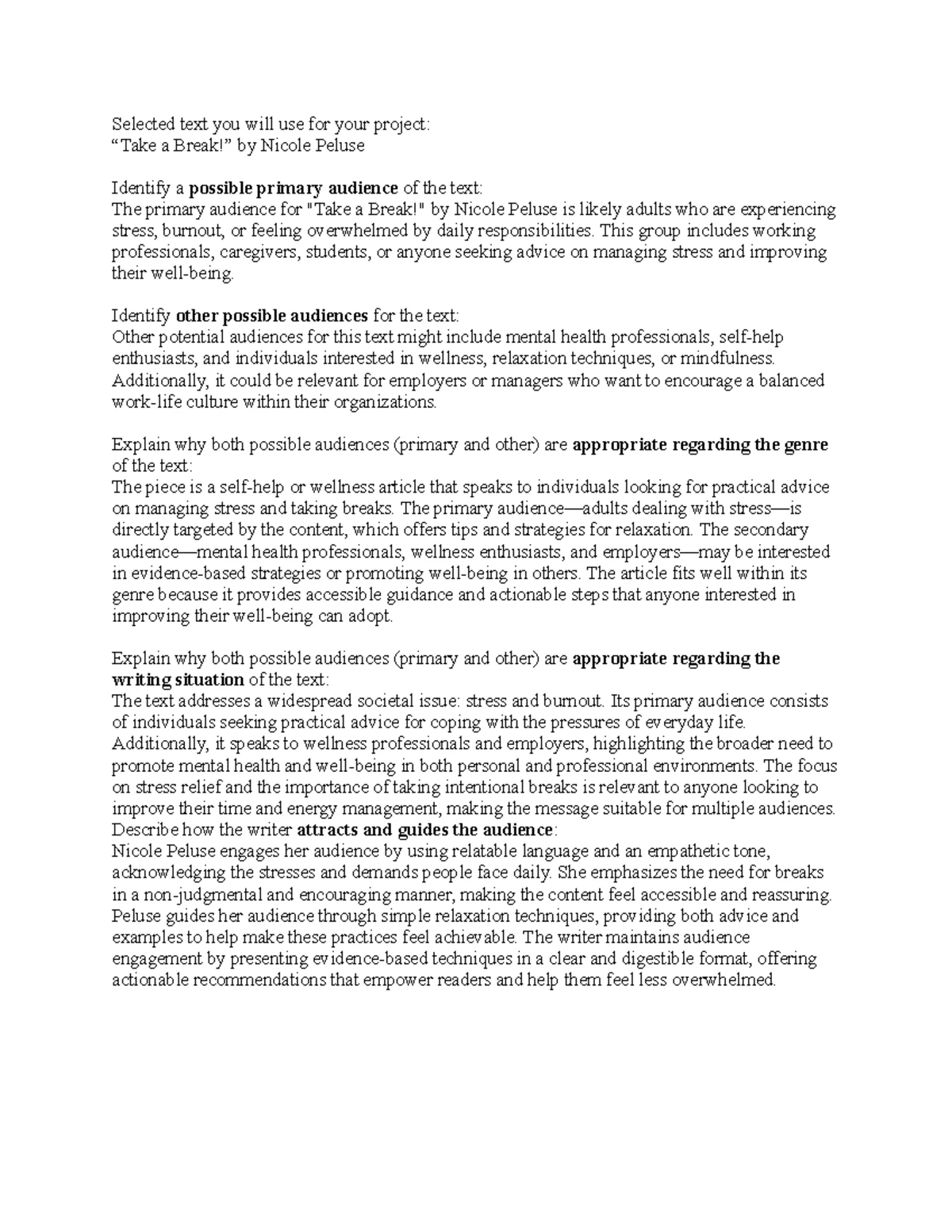 ENG 130 2-1 Reading Response: Analysis of "Take a Break!" by Nicole ...