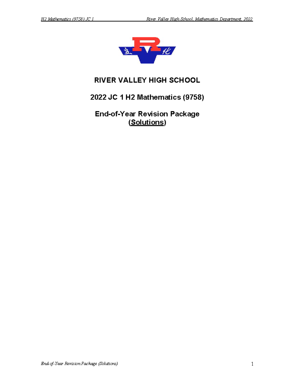 H2 Mathematics (9758) JC 1 Revision Package Solutions - River Valley ...