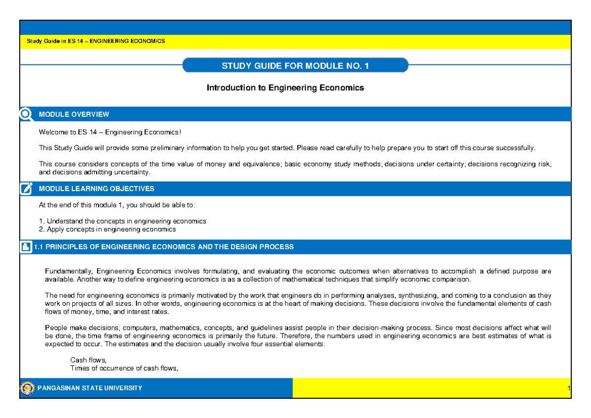ES 14 - Study Guide for Engineering Economics Module 1 - Studocu
