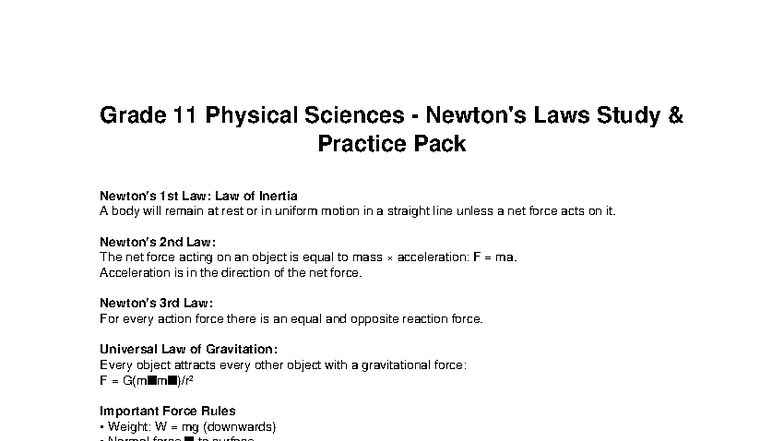 Grade 11 Physical Sciences: Newton's Laws Study Guide - Studocu