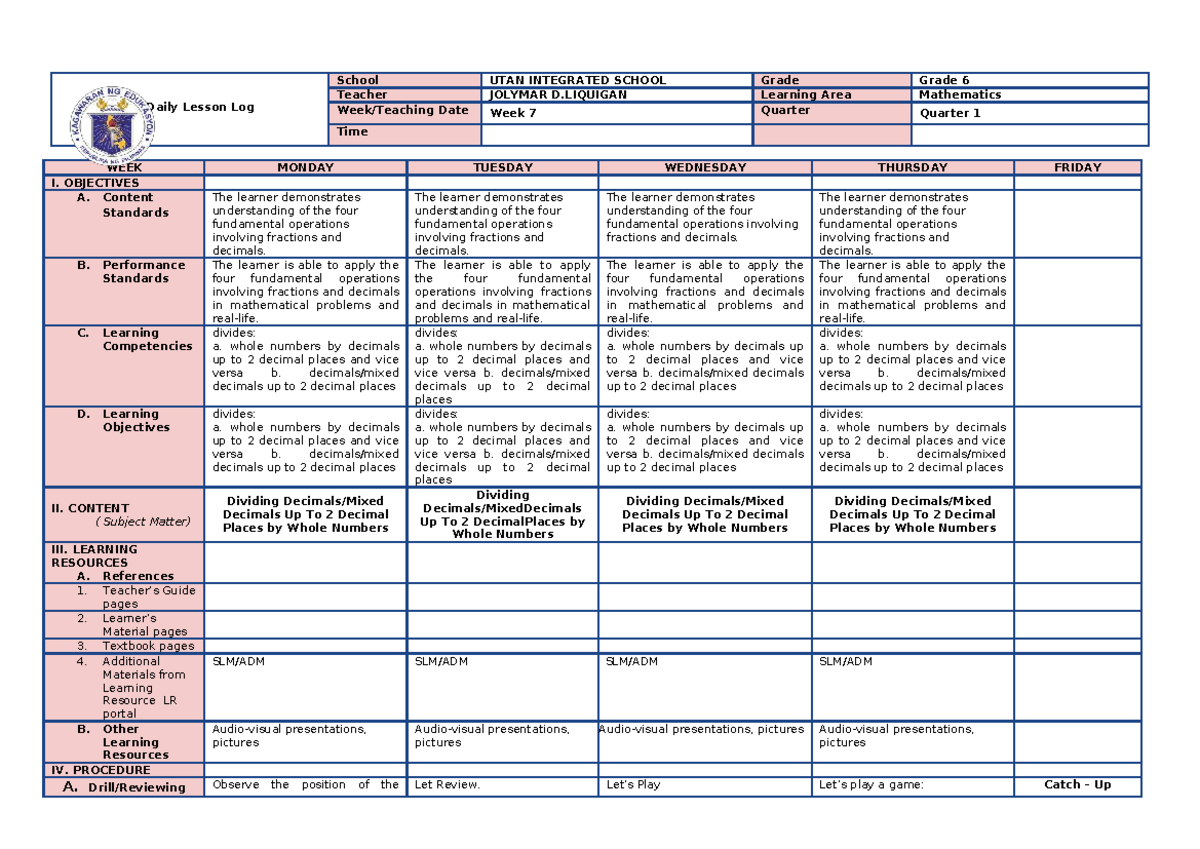 DLL Math6 W7 Q1 - Daily Lesson Log for Grade 6 Mathematics - Studocu