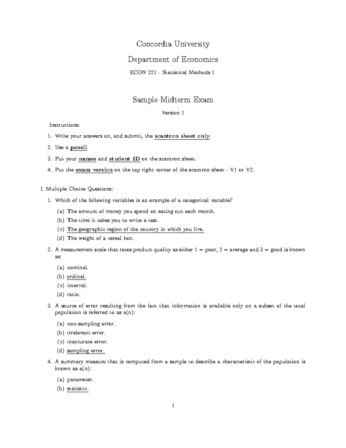 ECON 221 Statistical Methods I Sample Midterm Exam V1 Answers - Studocu