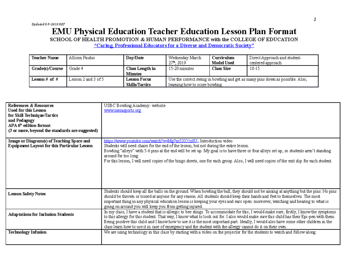 PHED- Lesson Plan - This was a mandatory assignment for the end of the ...