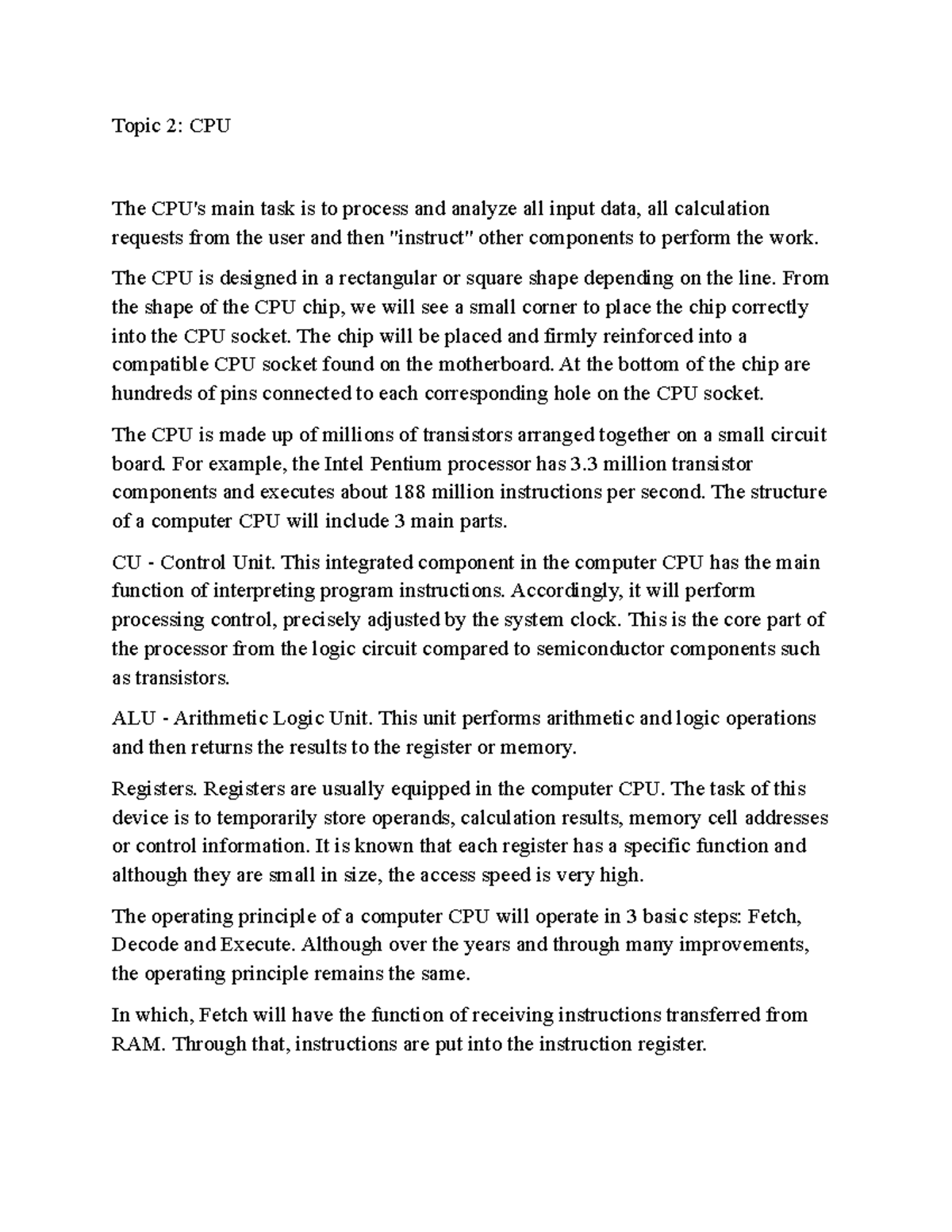 Topic 2: CPU Overview and Functionality Analysis - Studocu