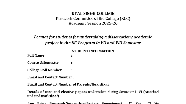 DYAL SINGH COLLEGE UG Research Project Proforma (Semester VII) - Studocu