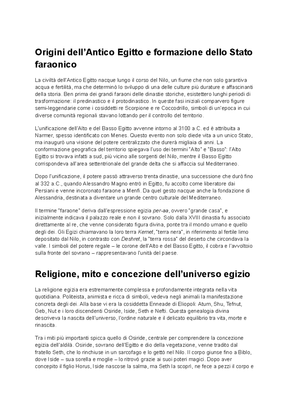 Riassunti Egizi: Origini e Formazione dello Stato Faraonico - Studocu