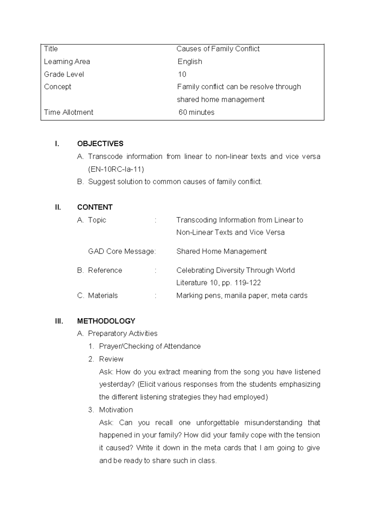 Lesson Plan: Resolving Family Conflict (Eng 10) with GAD Integration ...