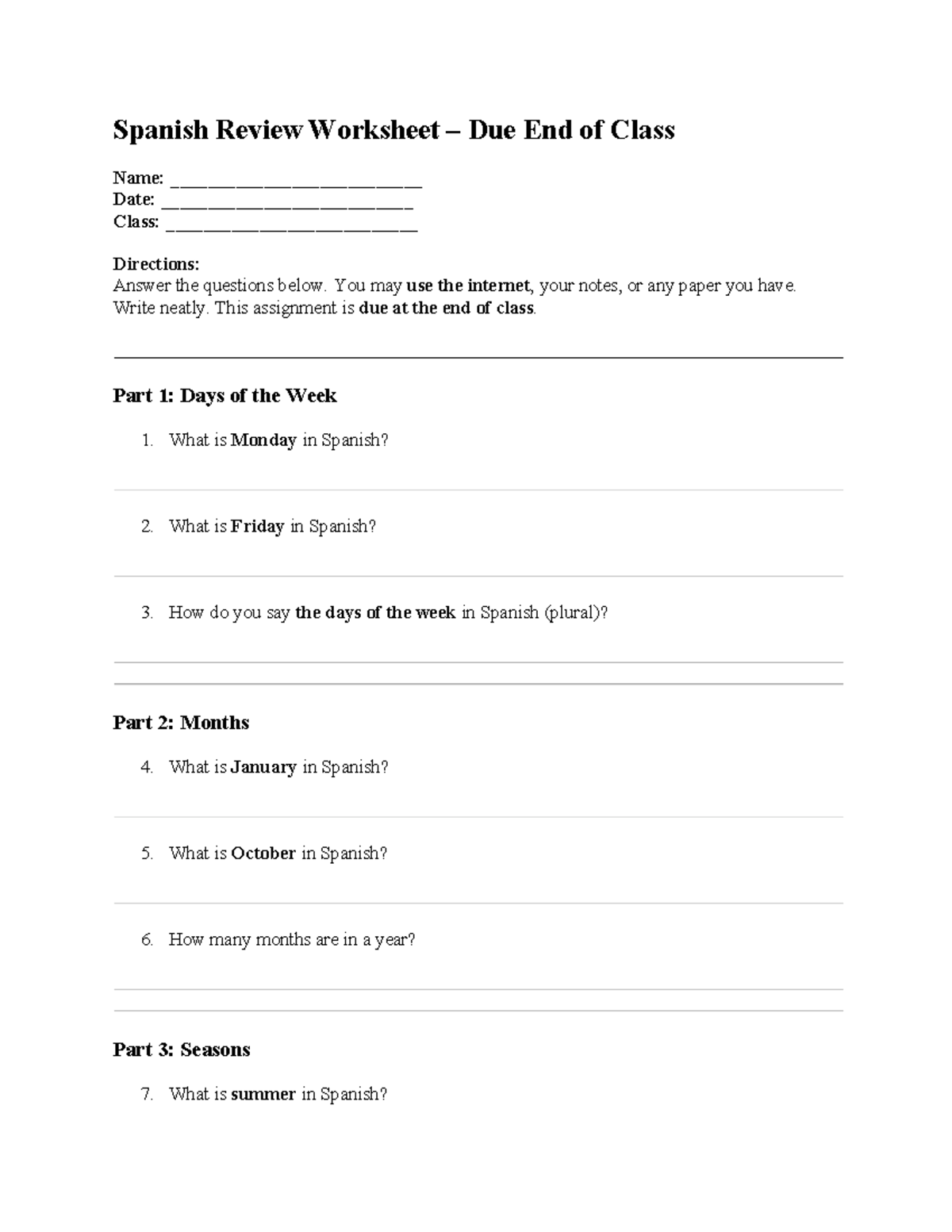 5th Grade Spanish Review Worksheet: Days, Months, and Seasons - Studocu