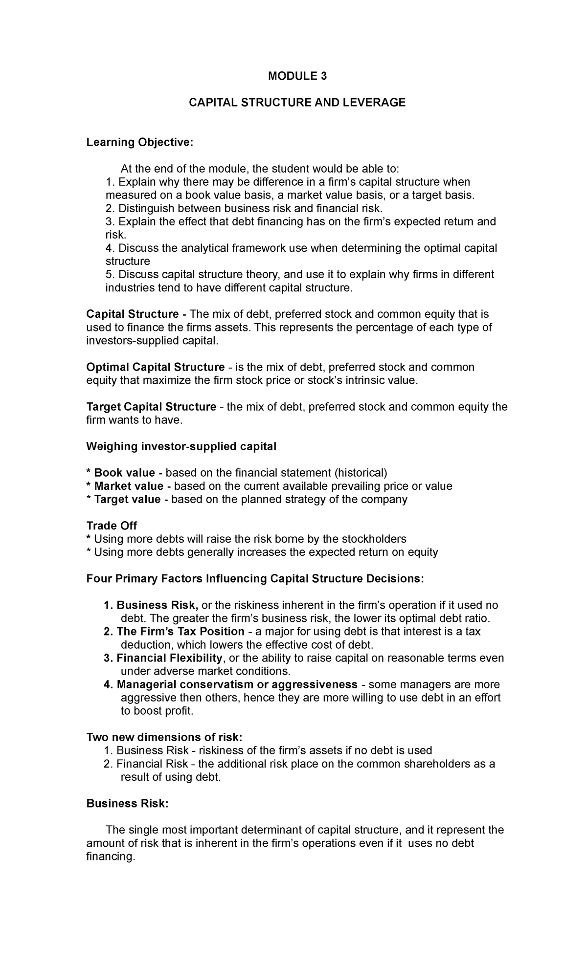 Capital Structure & Leverage Concepts - Module 3 Analysis - Studocu