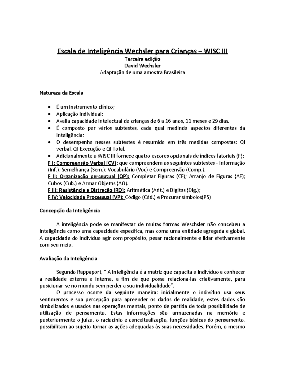 Análise Detalhada da Escala de Inteligência Wechsler para Crianças ...