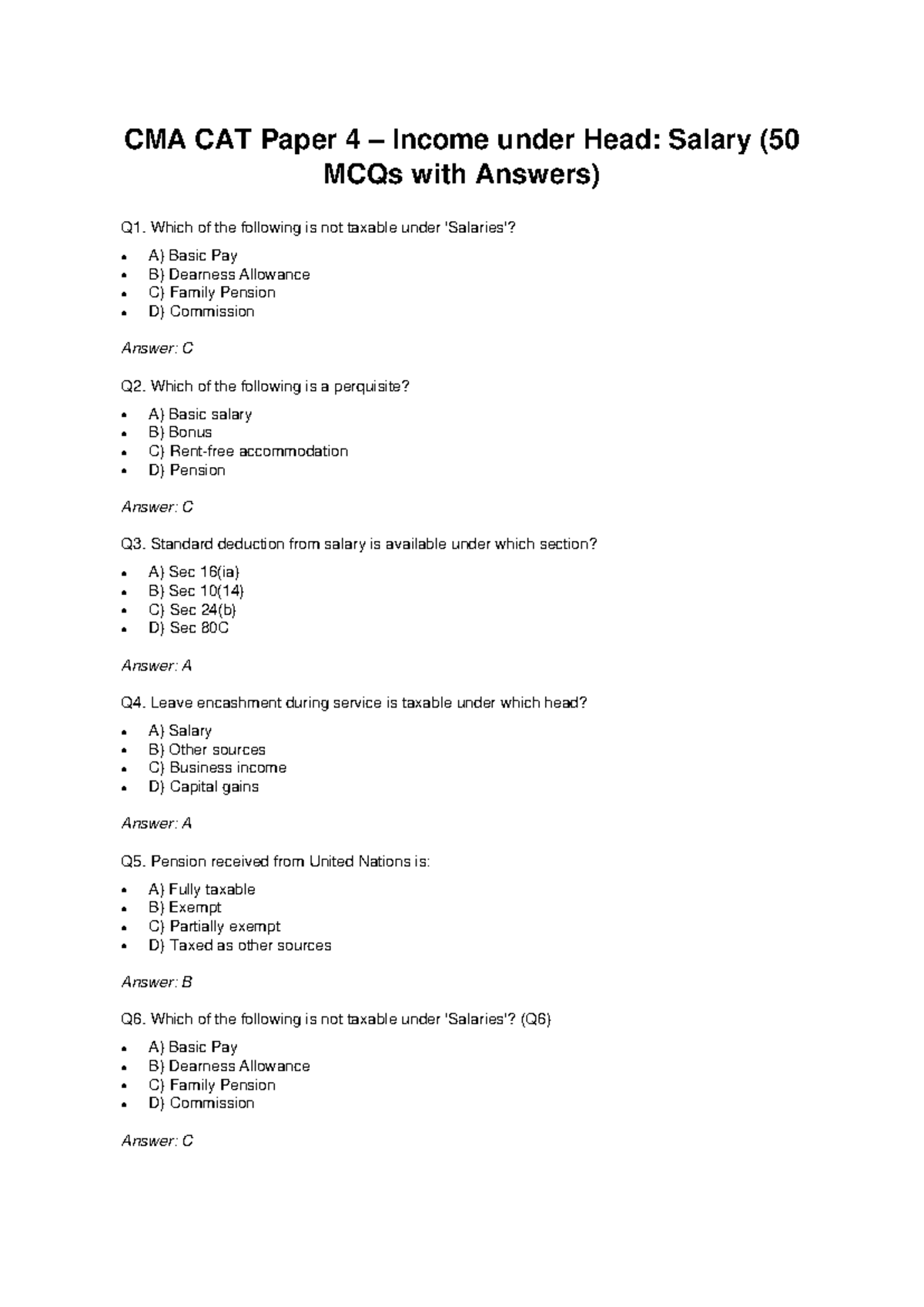 CMA CAT Paper 4: 50 MCQs on Salary Income with Answers - Studocu