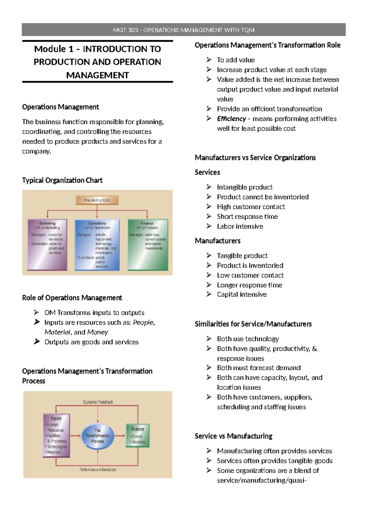 MGT 303 OPERATIONS MANAGEMENT WITH TQM: Module 1 Summary Notes - Studocu